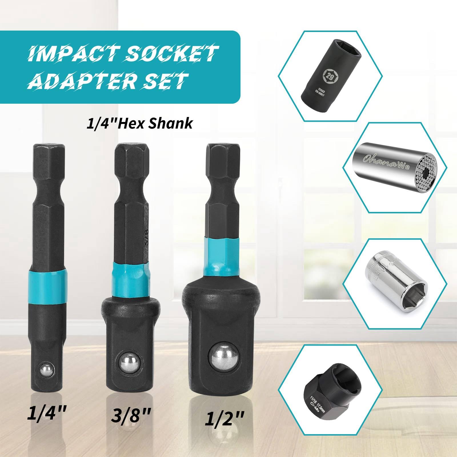 V2ine 10 Pcs Impact Driver Bit Adapter Set,5 PCS Strong Magnetic Screwdriver Bit Holder 2.4 Inch Extension + 6Inch Magnetic Screwdriver Bit Holder Extension + 3Pcs Socket Adapter Set With Tough Case