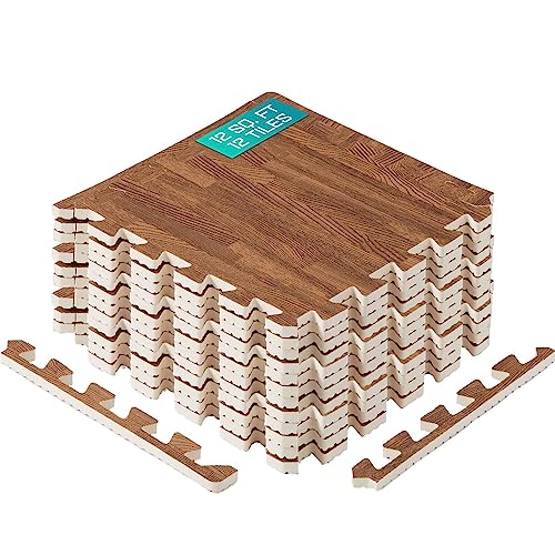 Yes4All Interlocking Floor Mats with Border – Foam Floor Mats/Gym Floor Mats with EVA Interlocking Tiles (12 Square Feet – Oak Wood Dark – 12 Tiles), 12 Count (Pack of 1)