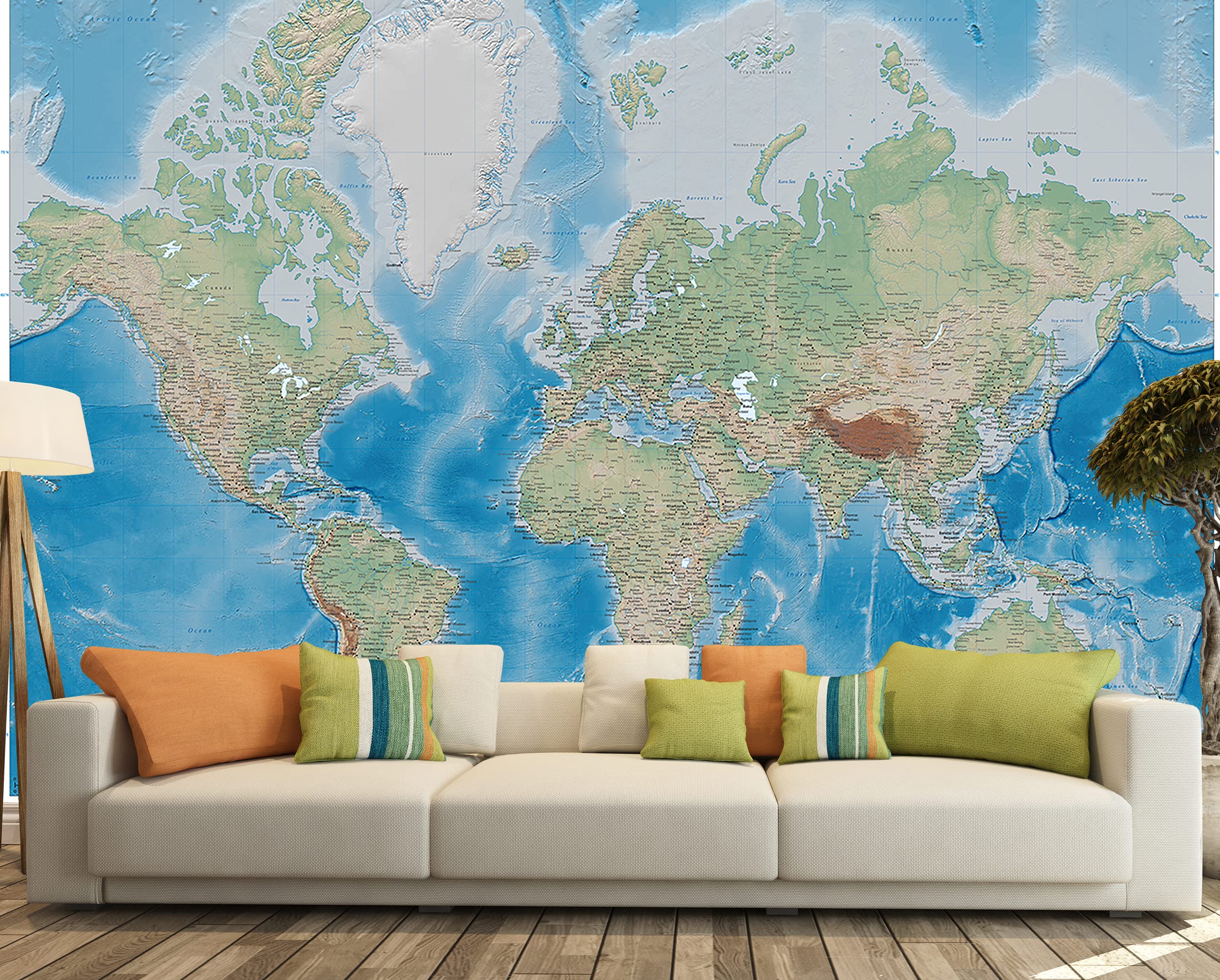 GREAT ART Photo Wallpaper World Map Decoration 132.3x93.7in / 336x238cm โ Miller Projection Relief Continent English City Names Modern Mural โ 8 Pieces Includes Paste