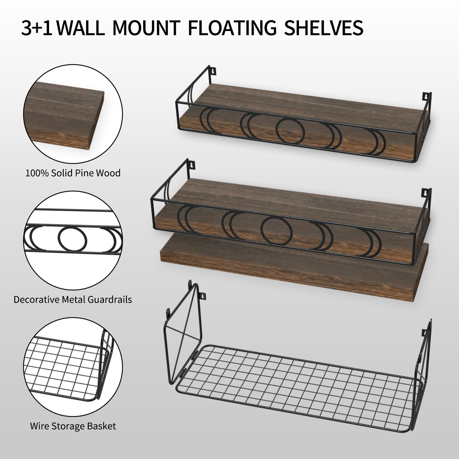Floating Wall Shelves Set of 3, Rustic Solid Wood Bathroom Shelves for Wall DéCor, Wall Mounted Wooden Shelves Bathroom Wall Organizer Over Toilet Storage, Kitche-Black