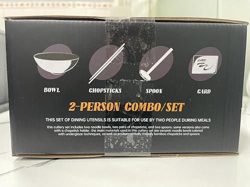 YTLEMON Ramen Bowls Set of Ceramic, 2 Sets of 34 Ounces Large Japanese Serving Bowls with Chopsticks and Spoons Forks, Dinnerware for New Apartments Suitable as Housewarming Gifts (A: Blue)