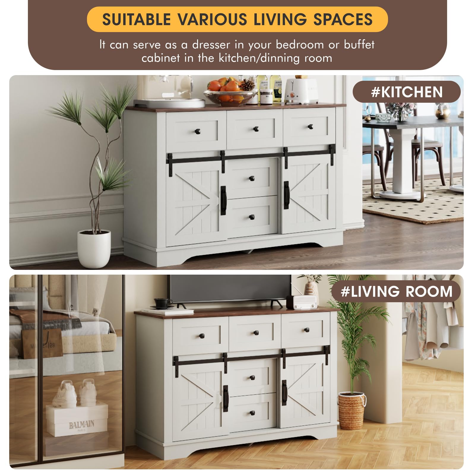 Vabches Farmhouse Sideboard Buffet Cabinet with Storage, Large Kitchen Sideboard Cabinet, Sliding Barn Doors and 5 Drawers, Adjustable Storage Shelves, Coffee Bar Table for Dining Room, White