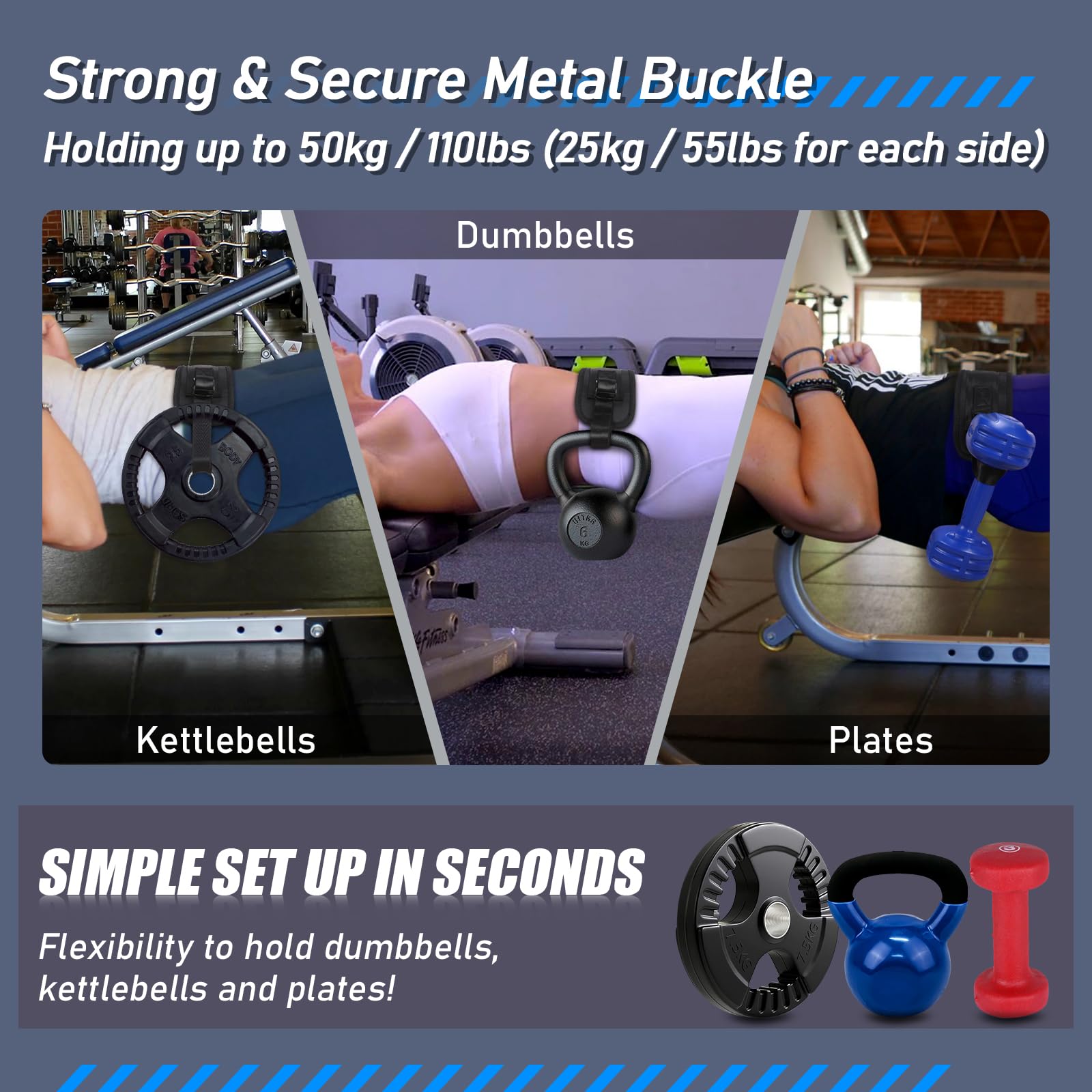 Gsbomzap Hip Thrust Belt for Dumbbells, Kettlebells, Plates, up to 50kg/110lbs, Exercise Booty Belt for Hip Thrusts, Glute Bridge, Lunges, Non-Slip Hip Belt Pad for Home Gym Butt Fitness Workout