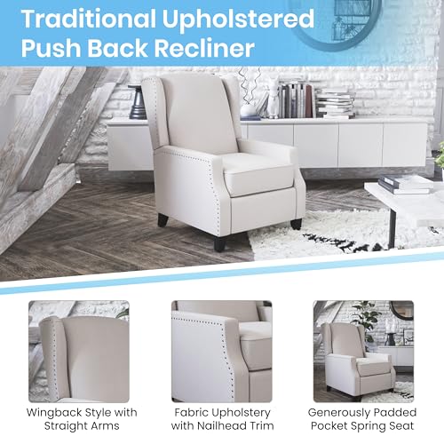 Flash Furniture Prescott Polyester Fabric Upholstered Slim Wingback Recliner, Modern Pushback Recliner Chair with Pocket Spring Seat, Cream