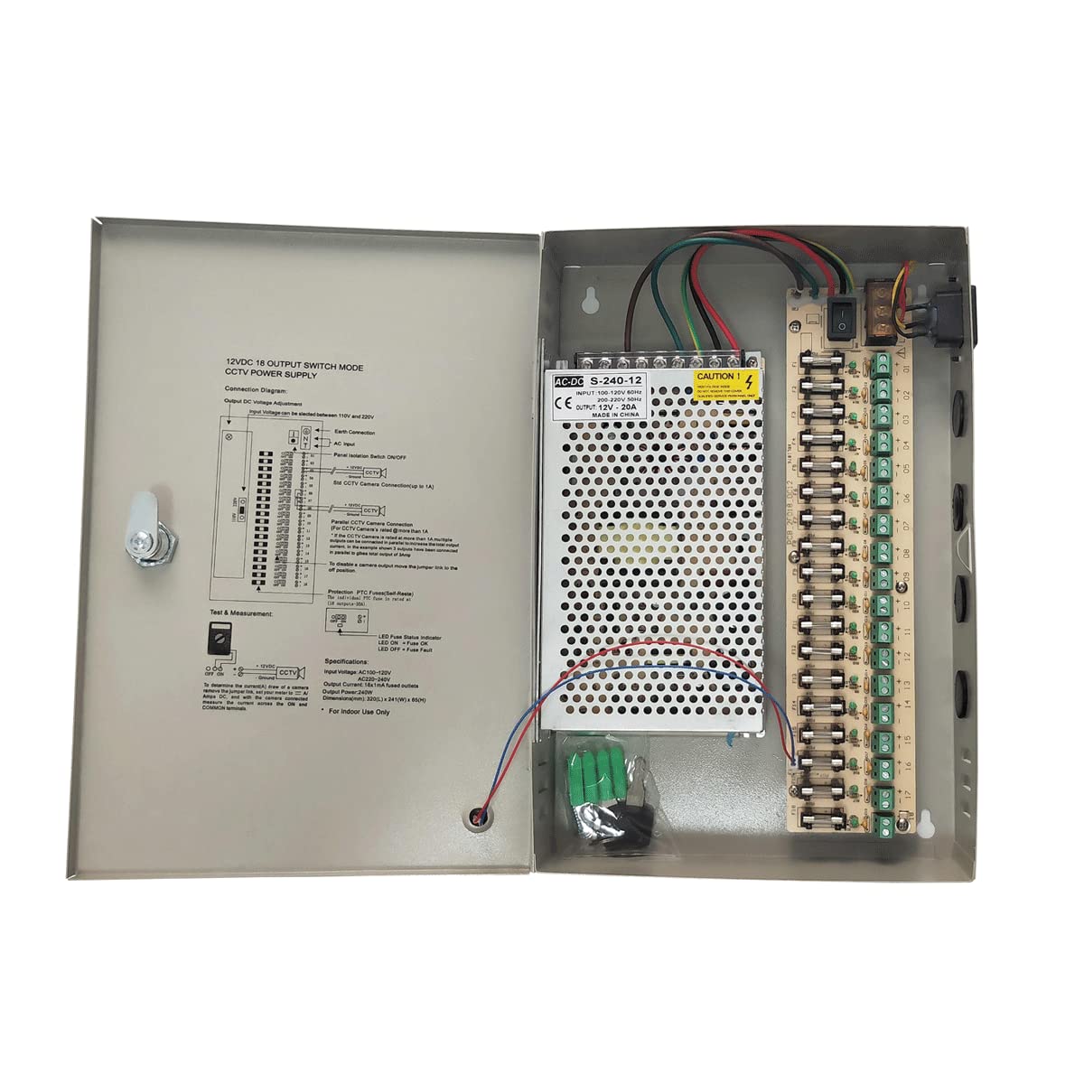 Yuarisx 18 Channel/Port DC 12V 20 Amp Security Camera Power Supply Distribution with Metal Box for Cameras, IP CCTV DVR Surveillance System