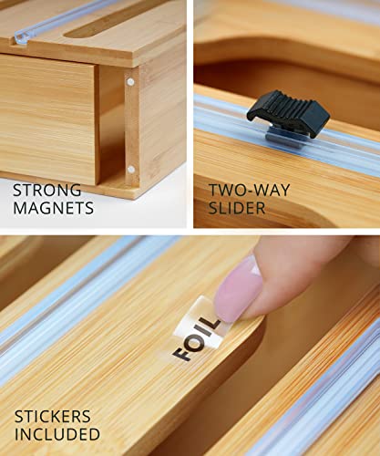 ROYAL CRAFT WOOD Bamboo Kitchen Drawer Organizer with 3 Slots for Food Storage Containers, Kitchen Foil, and Plastic Wrap β Includes Cutter
