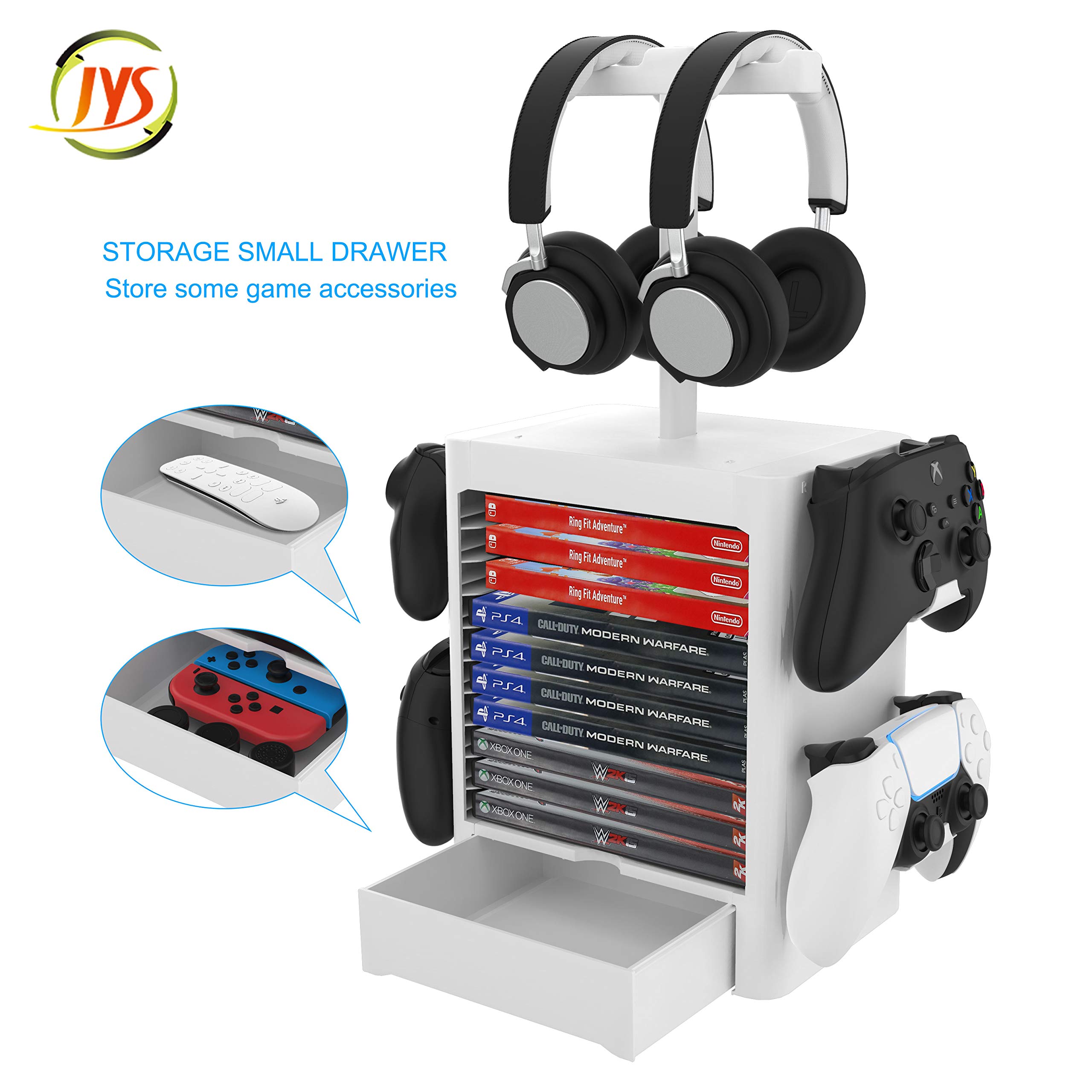 Headset Storage Tower and Game Organizer (up to 10 Games) Compatible with PS5 PS4 Playstation/Xbox Series S & X/Switch Accessories, Headphones, Game Discs, for Joy Cons, DualSense, Controllers, White