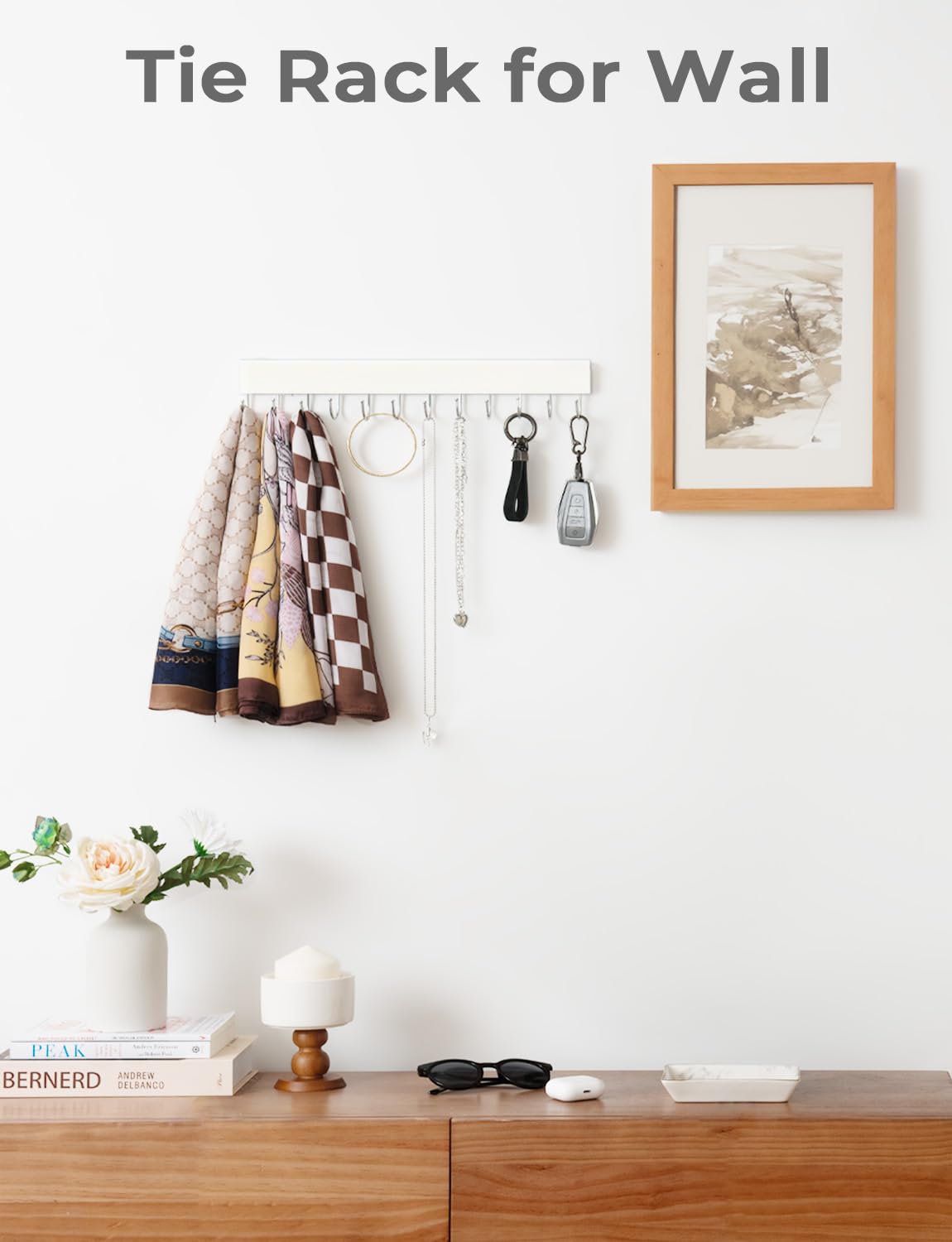 StorageWorks Belt Organizers for Wall, Wooden Belt Holder, Belt Storage with 12 Hooks, Tie Rack Wall Mounted, Belt and Tie Organizer for Closet, White, 2 Pack