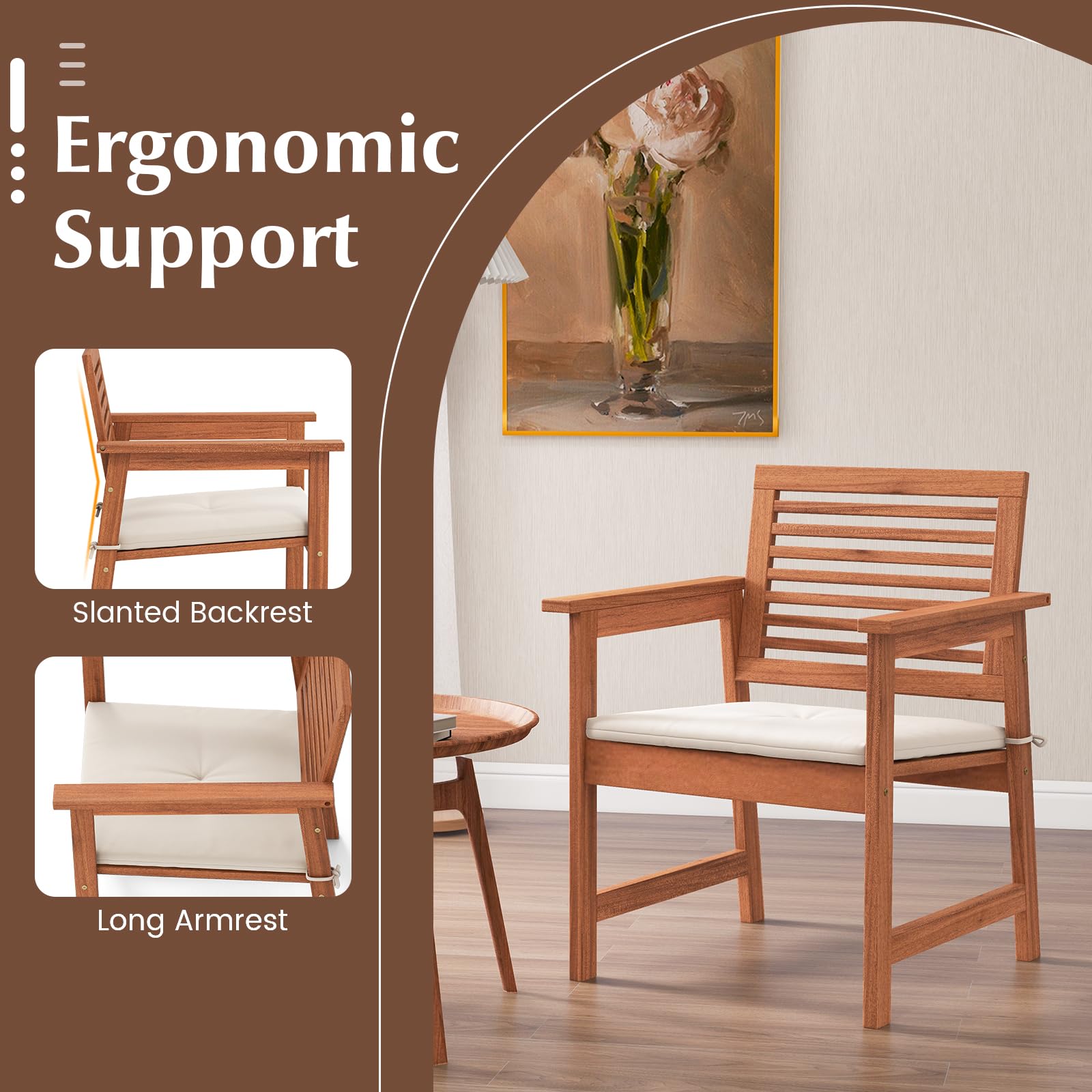 Tangkula Outdoor Dining Chairs Set of 2, Weather-Resistant Heavy Duty Slatted Wood Patio Chairs with Soft Padded Cushions, for Deck, Garden, Poolside, Balcony (2, Off White)