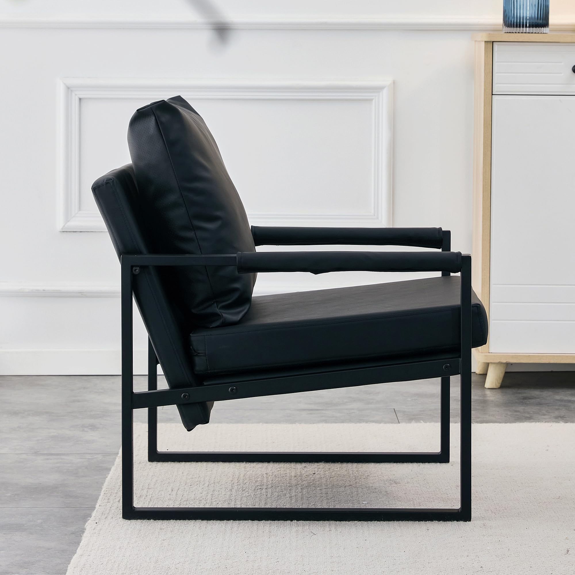 SPOFLYINN Furniture Soft Upholstered Armchair-Modern Metal Frame Pu Leather Accent Chair with Extra-Thick Padded Backrest & Seat for Home, Office, Living Room, Bedroom-Comfortable & Durable Black