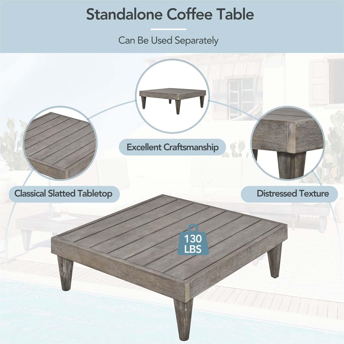 FOURBF 3-Piece Outdoor Patio Furniture Set Solid Wood Sectional Sofa Set with Coffee Table, Patio Conversation Set with Side Table and Cushions, Grey+Beige