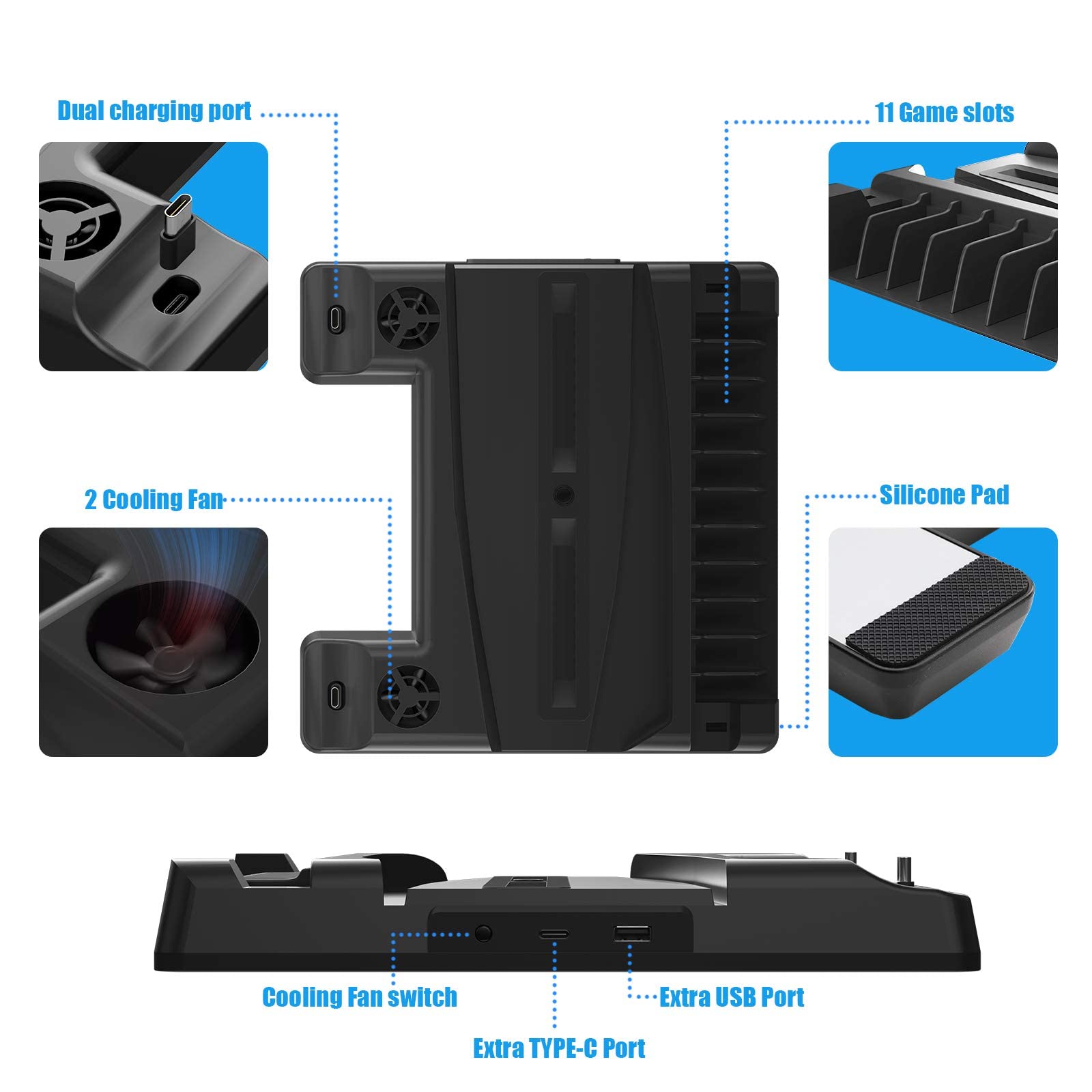 HEATFUN PS5 Charger Stand with Cooling Fan, 3 Levels Adjustable Speed, 12 Game Rack Organizer, Dual USB Ports, LED Indicator, Compatible with Disc and Digital Versions