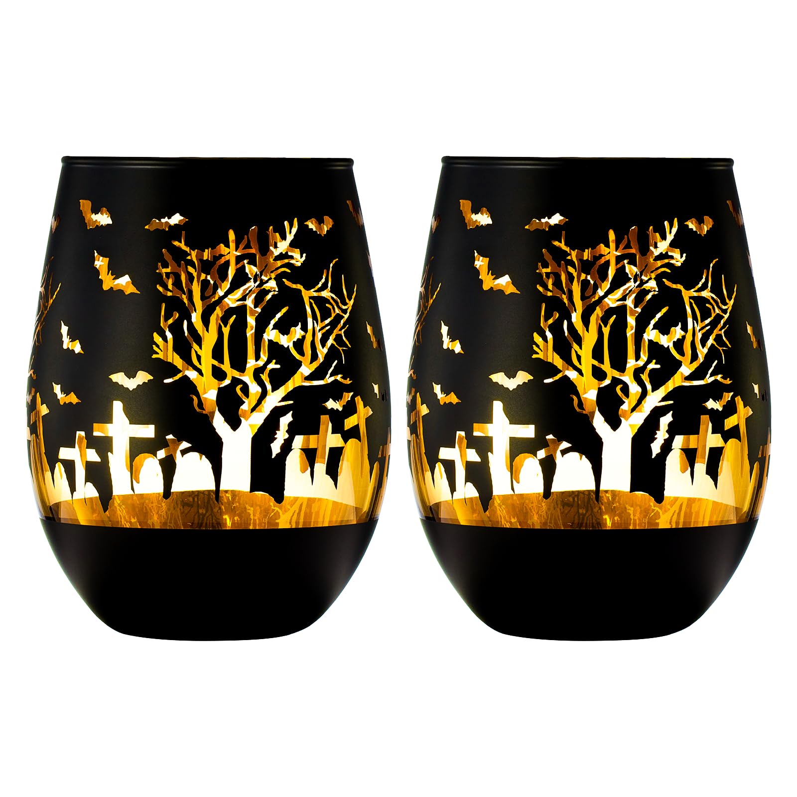 The Wine Savant Crystal Stemless Spooky Wine Glasses - Set of 2 - Themed Vibrant Black & Gold Spooky Ghost Pattern Frosted Glass, Themed Gothic Parties, Graveyard Black Gifts (16 OZ)