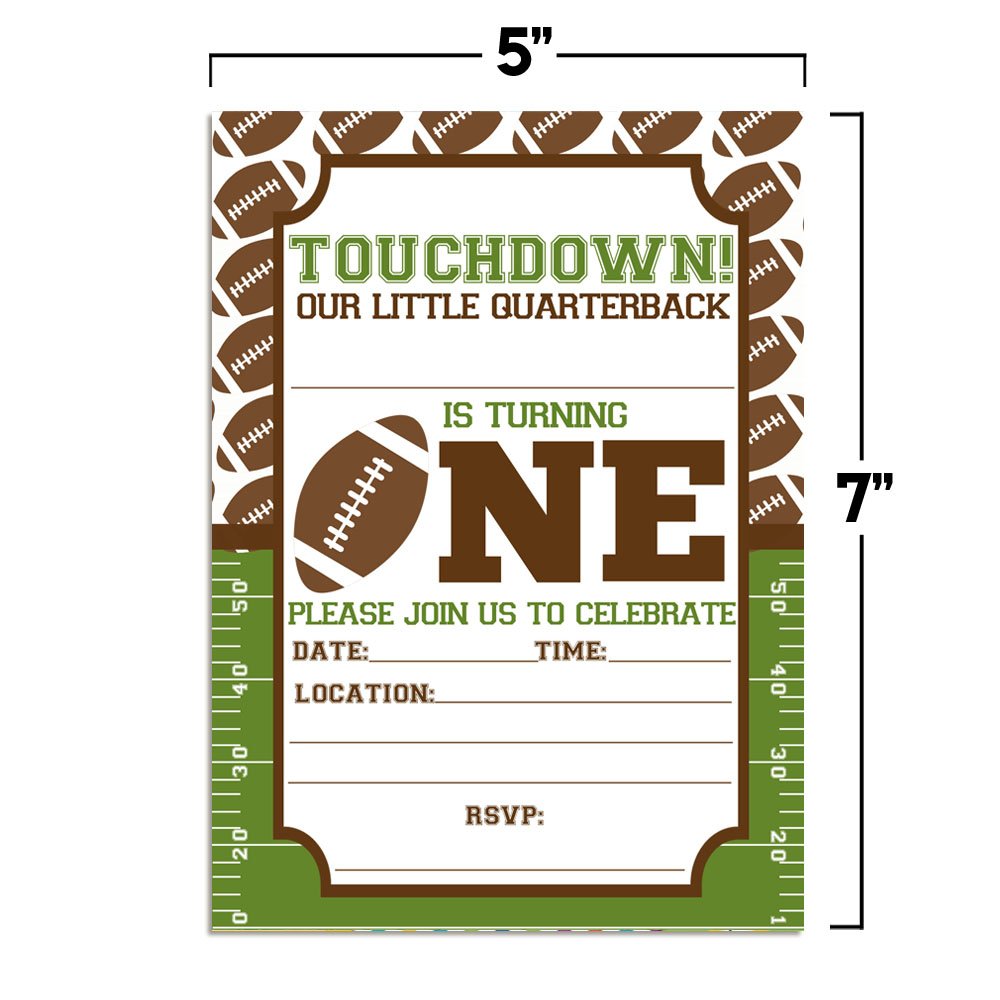 Touchdown Football First Birthday Party Invitations, 20 5x7 Fill In Cards with Twenty White Envelopes by AmandaCreation