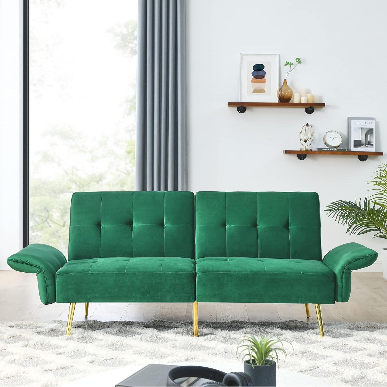 WinJoy Convertible Futon Sofa Bed with Folded Arms, Multi-Functional Velvet Sleeper Bed Reversible Couches with Storage and Adjustable Backrest, Armrests for Living Room, Apartment, Small Space Green