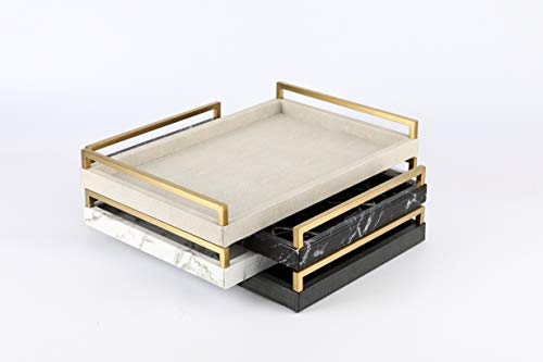 WV Decorative Tray Dark Grey Faux Shagreen Leather with Brushed Gold Stainless Steel Handle ,Serving Tray for Coffee Table, Ottoman in Living Room (Dark Grey)