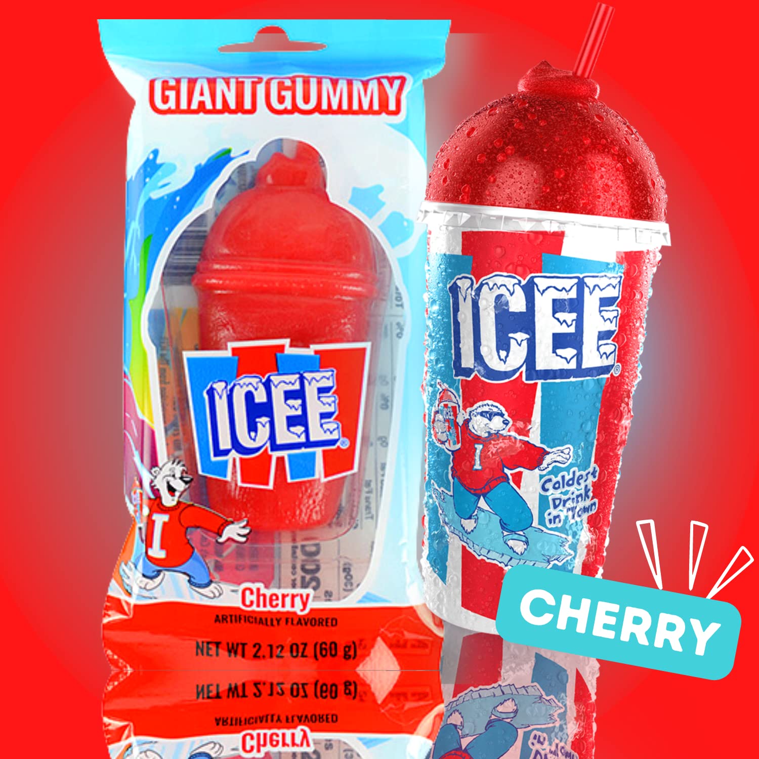Giant ICEE Gummy Candy, Individually Wrapped Cherry and Blue Raspberry Flavored Gummies, Gift Basket Fillers or Birthday Party Favors, Pack of 2, 2.12 Ounces