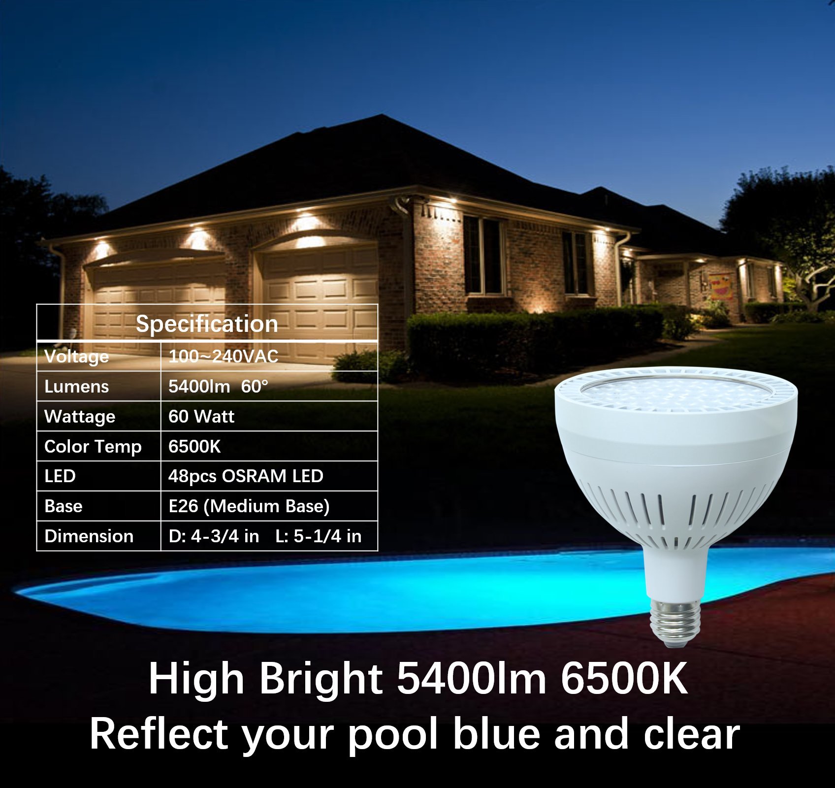 TOVEENEN LED Pool Light Bulb 120V 60W 6000lm High Bright White 6500K Pool Bulb Replacement for Pentair Hayward Inground Pool