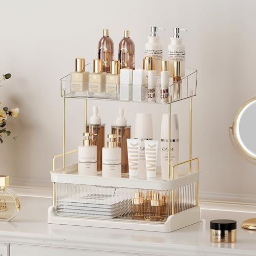 STORICANS 2-Tier 1-Drawer Bathroom Counter Organizer, Multi-Purpose Makeup Organizer Countertop, Large Skincare Organizers, Exquisite Vanity Organizer |12.5 Inch Clear