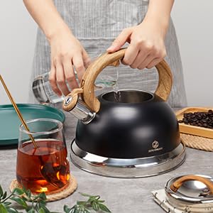 Tinlon Enamel Tea Kettle, 3.1 Quart Whistling Tea Pot for Stove Top, Food Grade 304Stainless Steel Teapot with Wood Pattern Handle for Coffee, Tea, Milk etc