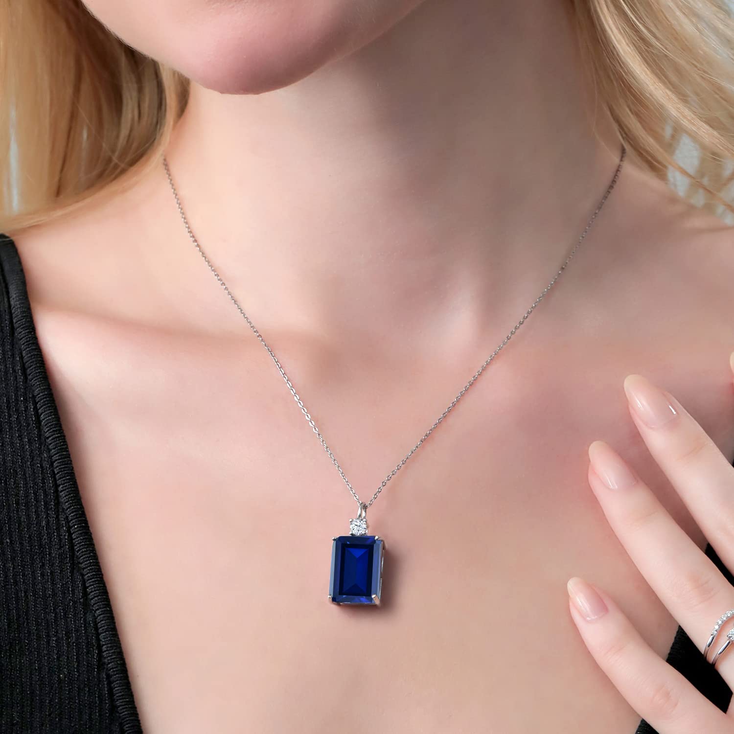 Gem Stone King 17.50 Cttw Blue Created Sapphire Pendant Necklace For Women In 925 Sterling Silver | Emerald Cut 18X13MM | With 18 Inch Silver Chain