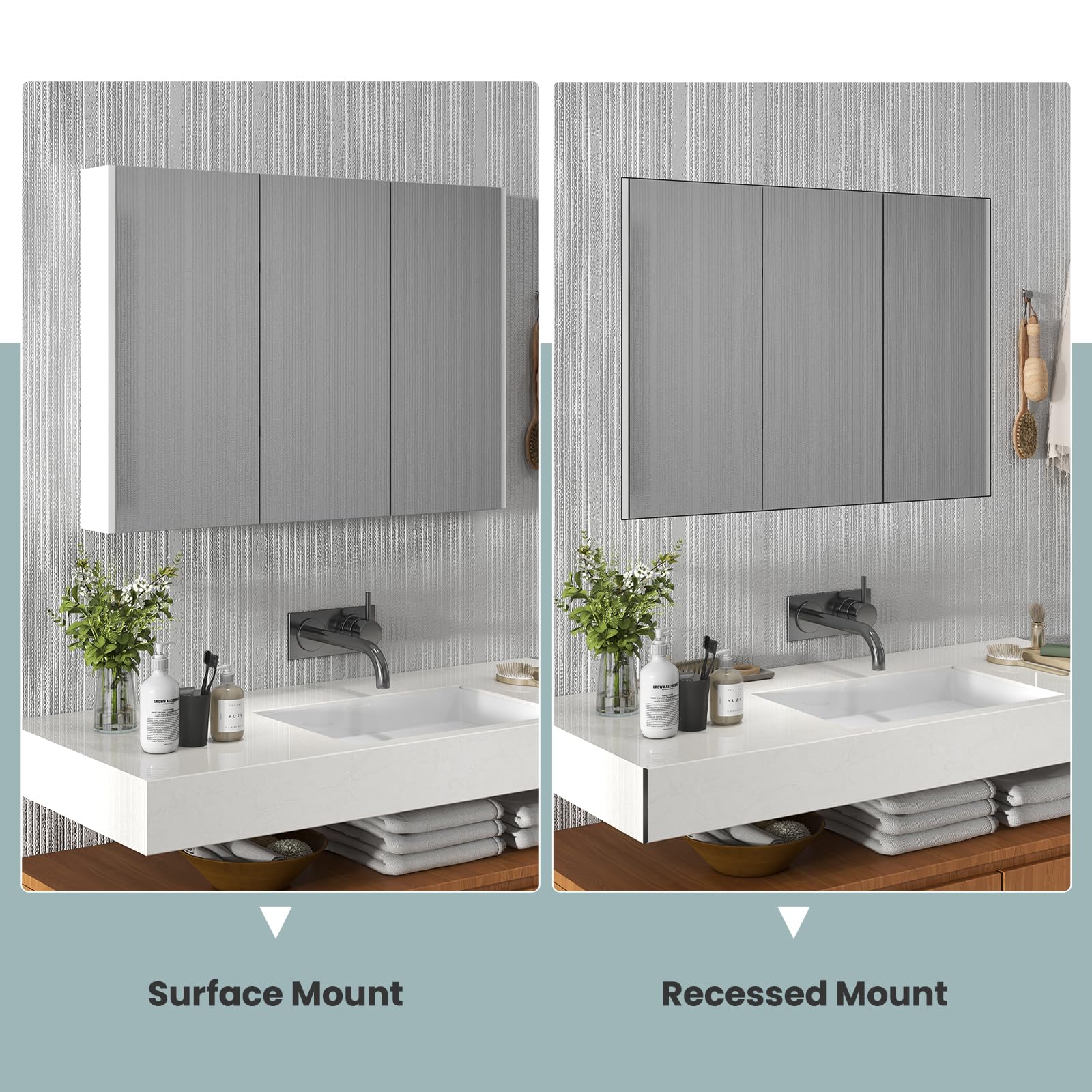 Giantex Bathroom Medicine Cabinet with Mirror - Extra Large Wall Mounted Cabinet with 3 Frameless Mirrored Doors, 2 Adjustable Shelves, 36β x 25.5β Recessed or Surface Mount Bathroom Cabinet