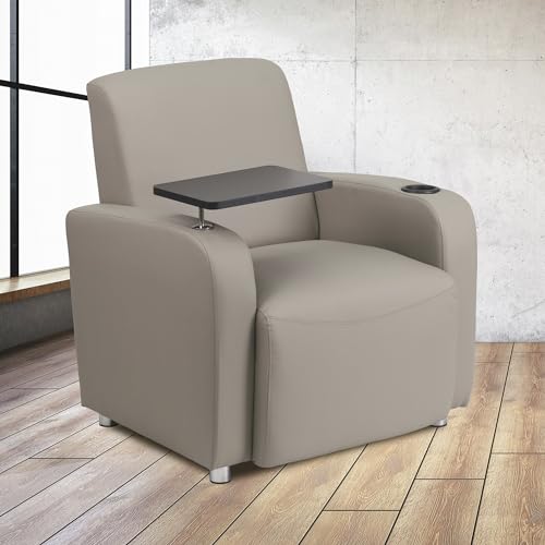 Flash Furniture George LeatherSoft Guest Chair with Tablet Arm and Cup Holder, Upholstered Tablet Arm Chair for Offices and Waiting Rooms, Gray