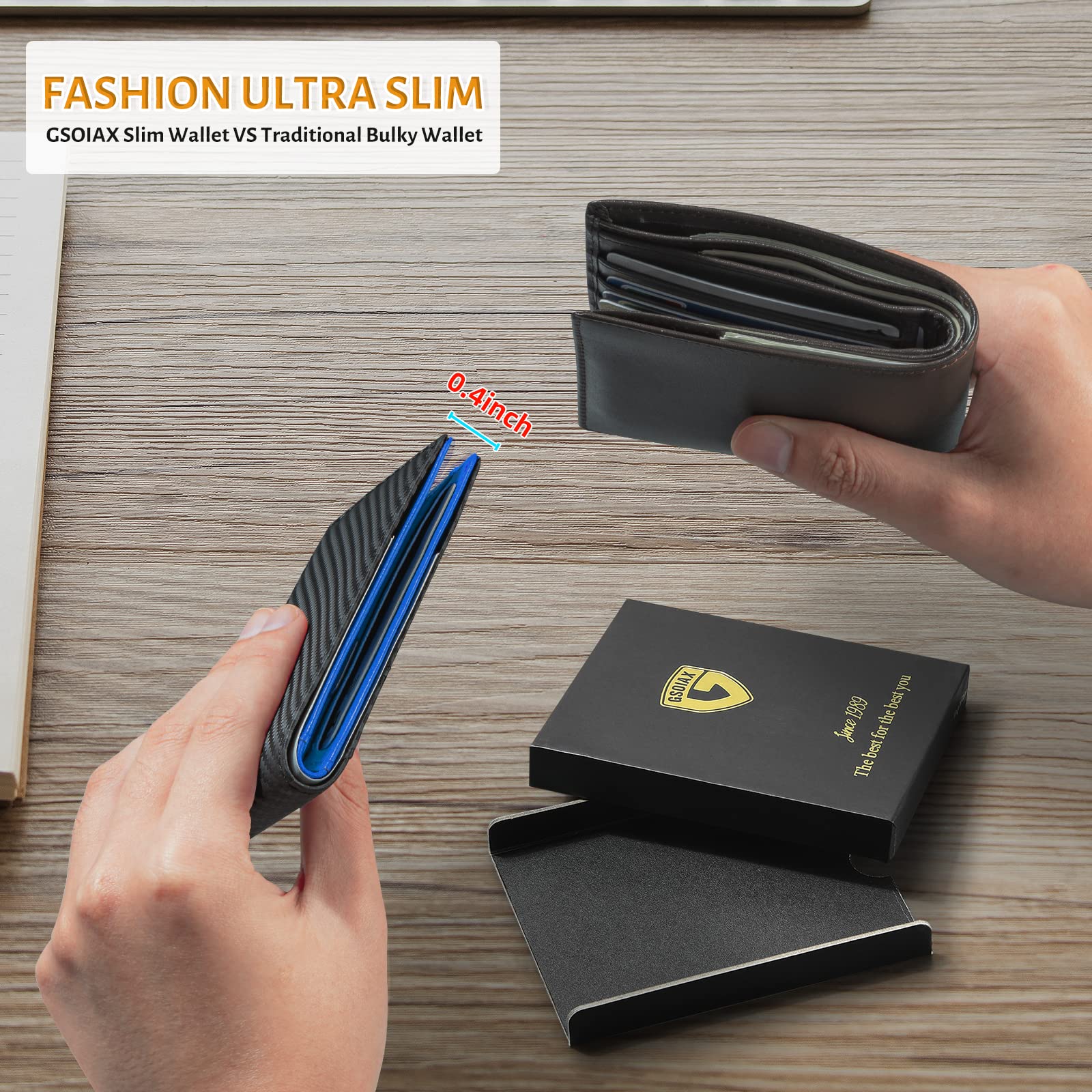 GSOIAX Slim Leather RFID Bifold Wallet for Men with Money Clip and 12 Credit Card Holders - Minimalist Front Pocket Wallet with ID Window, Cool Groove Design (Carbon blue)
