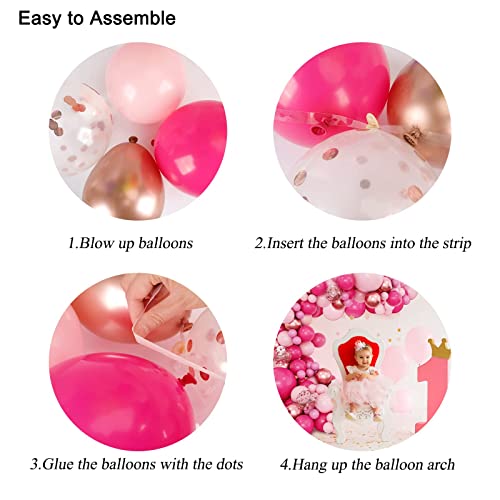 RUBFAC Pink Balloon Arch Garland Kit, Hot Pink Rose Gold Chrome Balloons for Birthday Shower Princess Theme Party Background Decorations