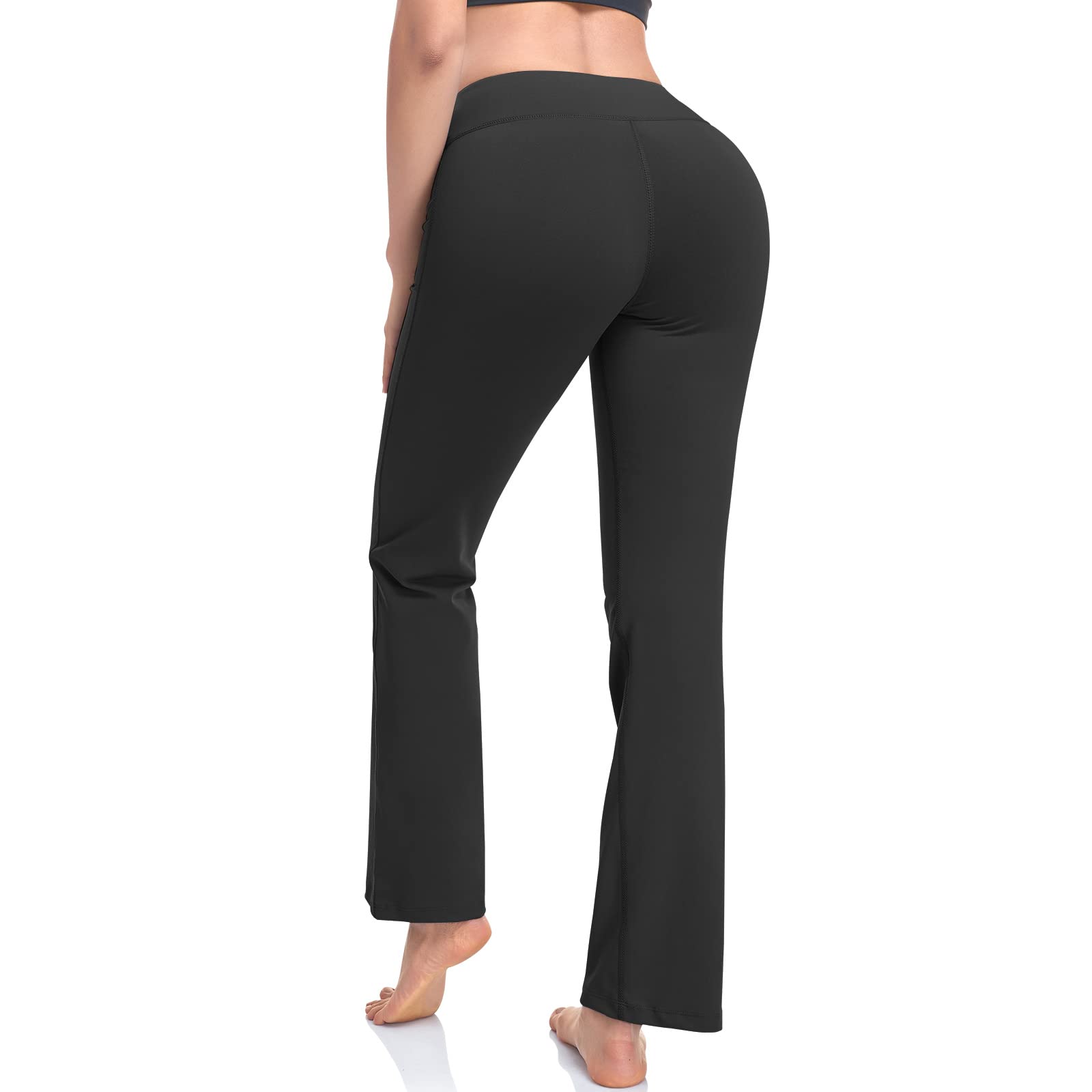 HISKYWIN Women's Bootcut Yoga Pants Crossover High Waisted Tummy Control Workout Flare Pants with Waistband Pocket HF836-Black-M