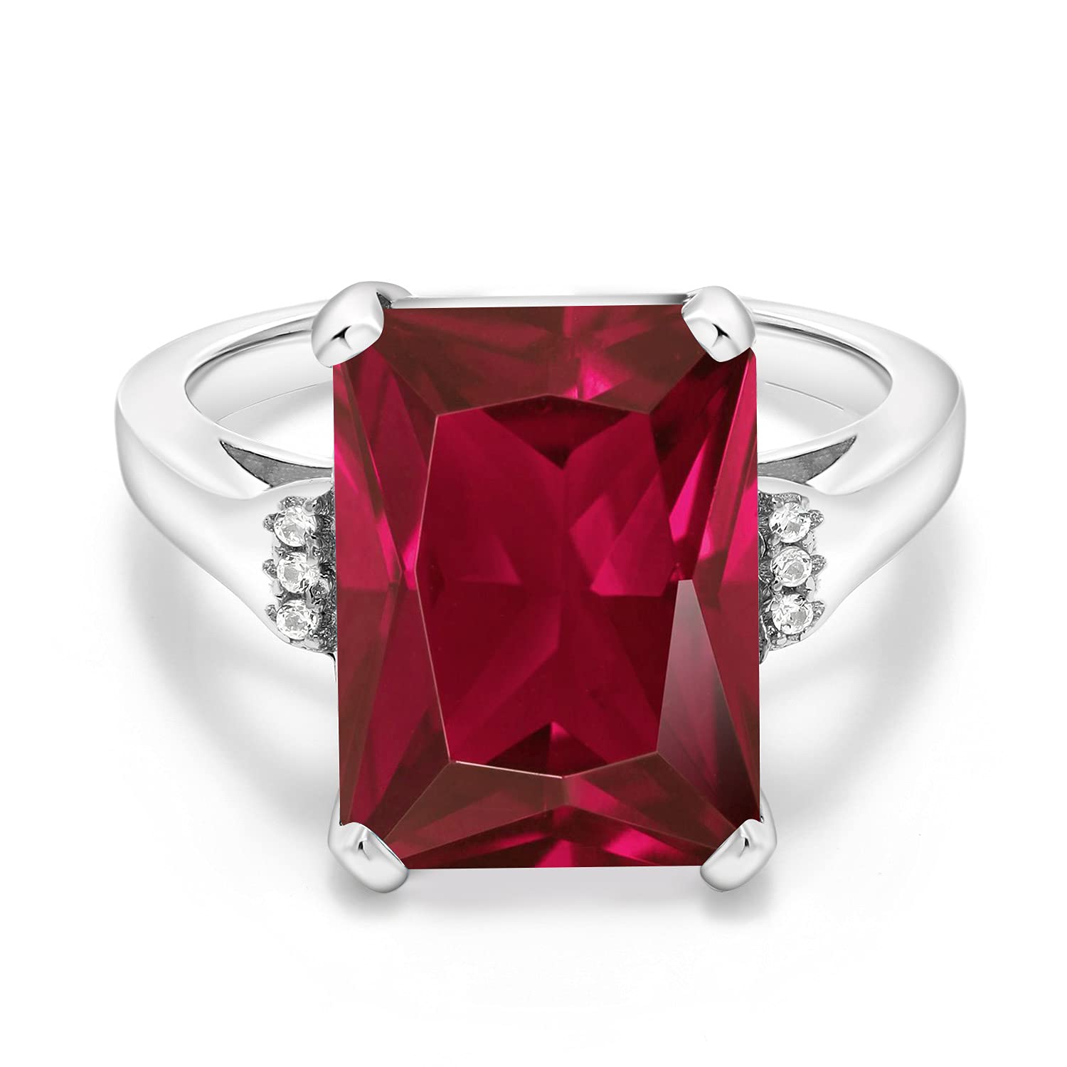Gem Stone King 925 Sterling Silver Red Created Ruby Ring For Women (5.07 Cttw, Emerald Cut 14X10MM, Available in size 5, 6, 7, 8, 9)