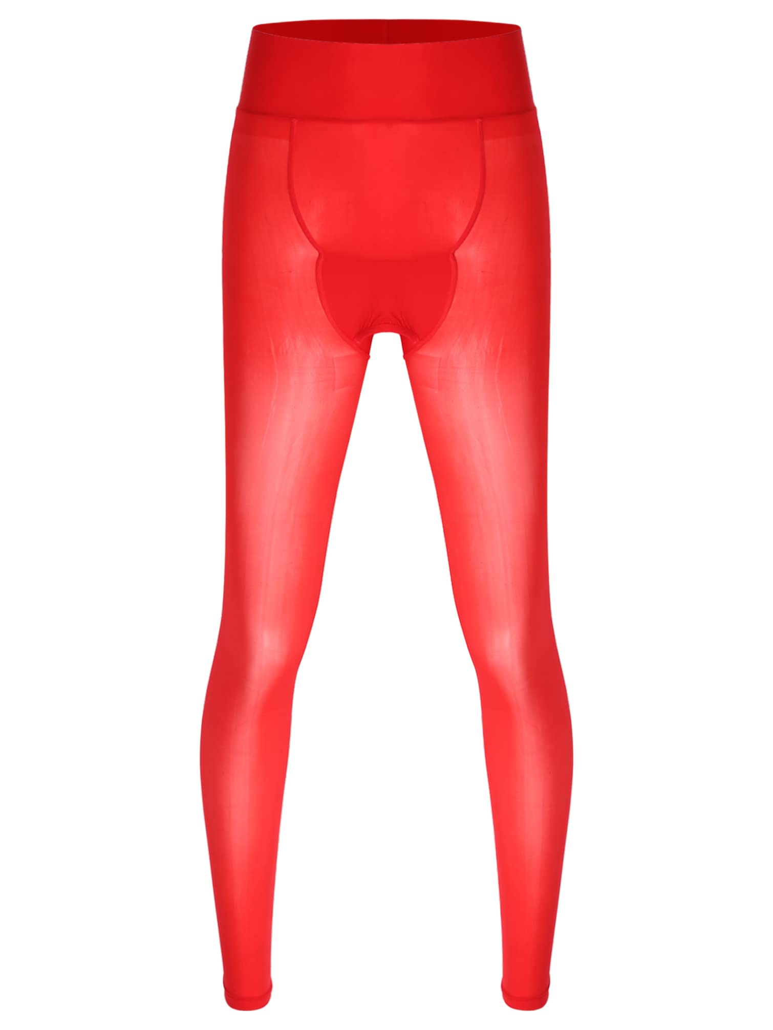 Jugaoge Men's Oily Glossy See Through Long Pants Slim Stretchy Leggings Tights Sissy Crossdresser Red One Size