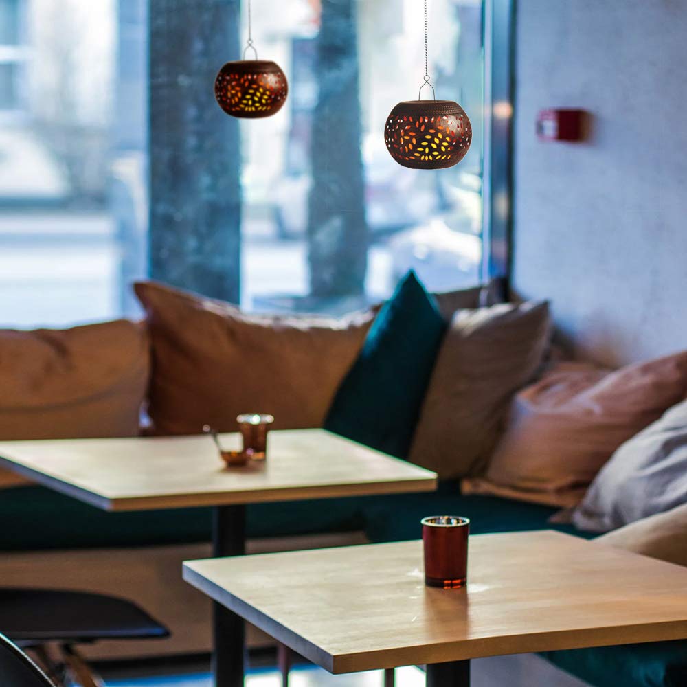 Hanging Lanterns Decorative Metal Candle Lanterns for Home Decoration Copper Indoor and Outdoor Lanterns with LED Flickering Candle Light and Timer 2 Pack