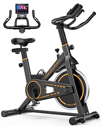UREVO indoor Cycling Bike, Stationary Exercise Bike 350 lbs Weight Capacity,Ipad Mount, Comfortable Seat Cushion, Silent Belt Drive Cycle Bike for Home Workouts Gym