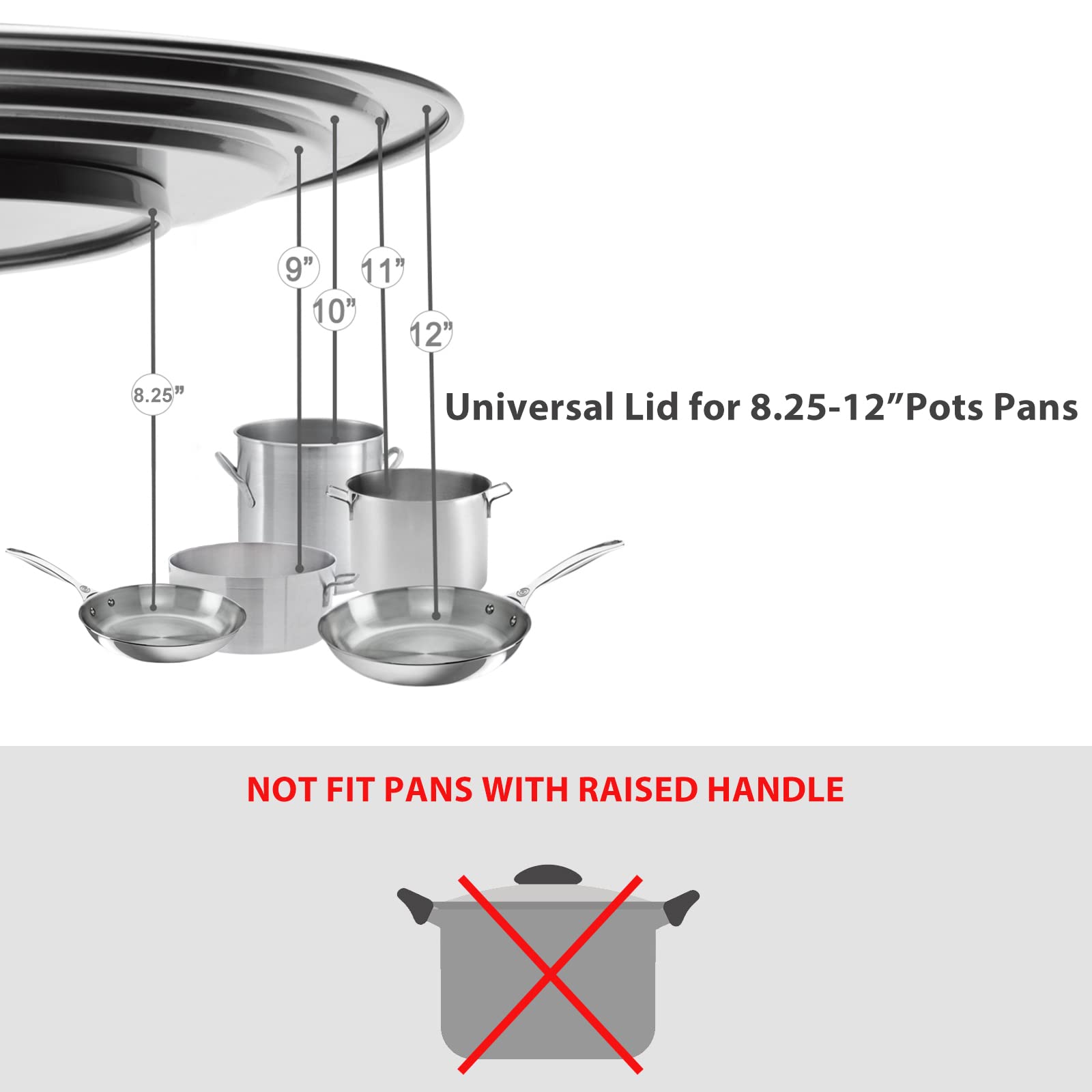 WishDirect Universal Lid for Pots Pans and Skillets - One Lid Fits All 8.25-12 Inch Pots Frying Pans Skillets Woks, Replacement Pot Lid with Upgraded Heavy Duty Heat Resistant Silicone Handle, Gray