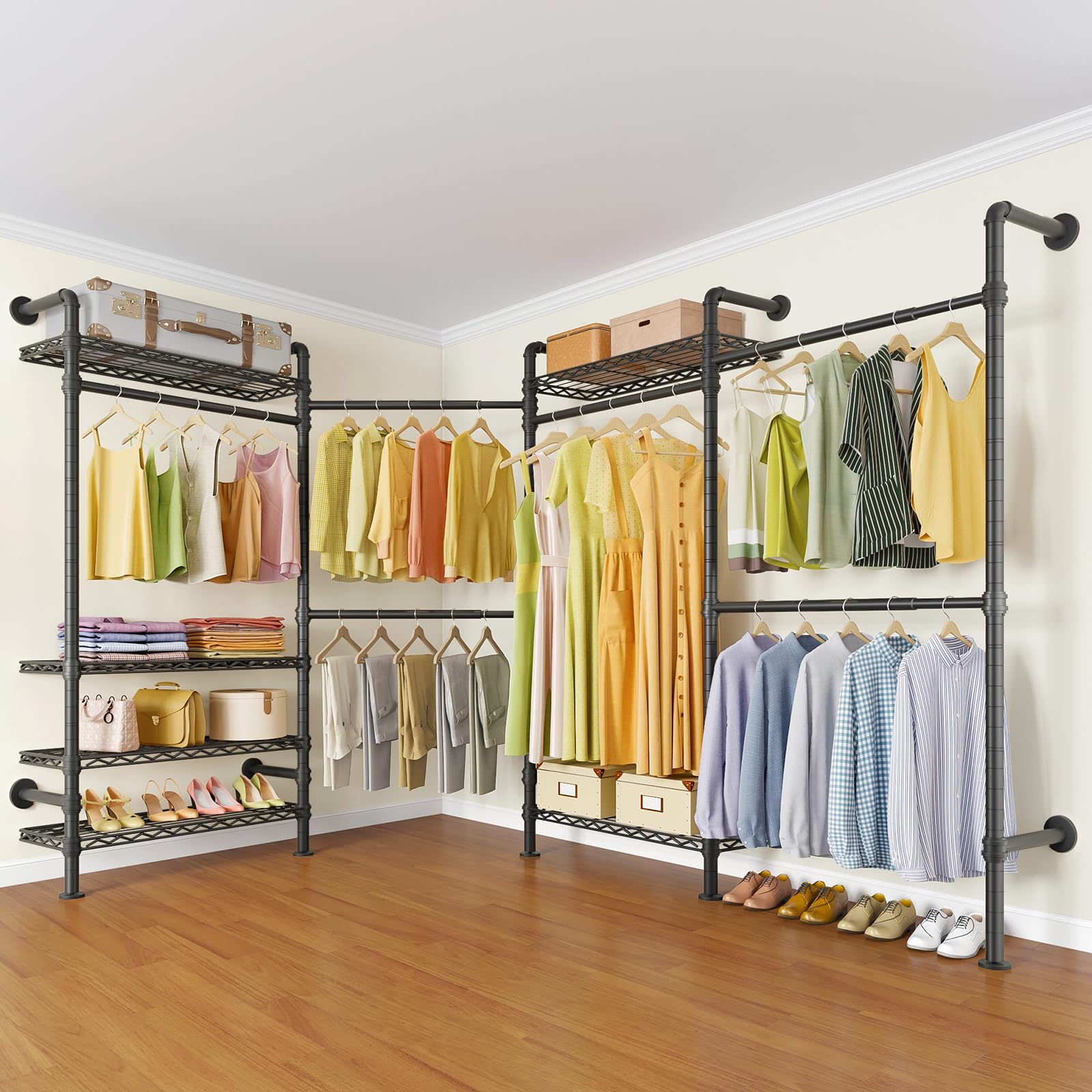 Timate L4 L Shape Garment Rack Heavy Duty Clothes Rack for Hanging Clothes, Expandable Industrial Pipe Clothing Rack, Wall Mounted Closet Organizer Large Wardrobe Closet Kit Corner Closet System Black