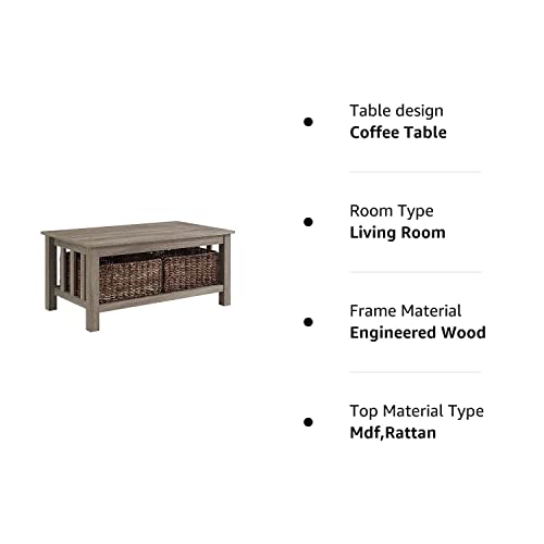 Walker Edison Alayna Mission Style Two Tier Coffee Table with Rattan Storage Baskets, 40 Inch, Driftwood