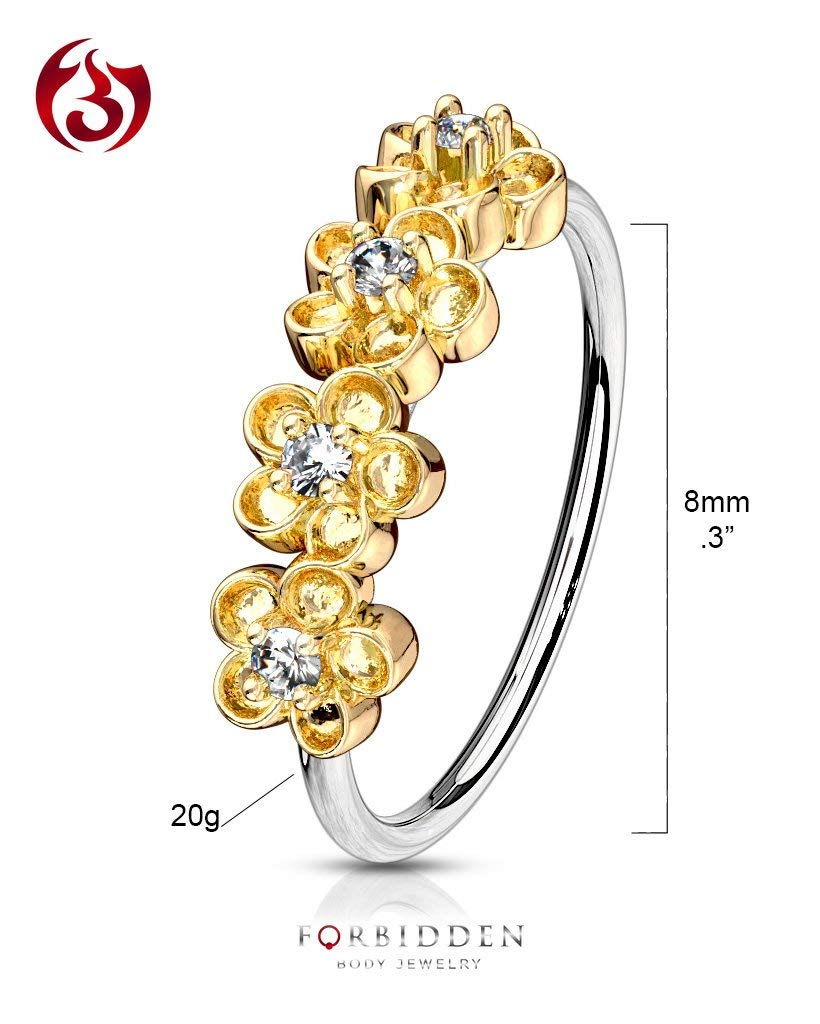 Forbidden Body Jewelry 20g 8mm 14k Gold Plated Surgical Steel Bendable Nose Ring/Cartilage Hoop Lined with Floral and CZ Top