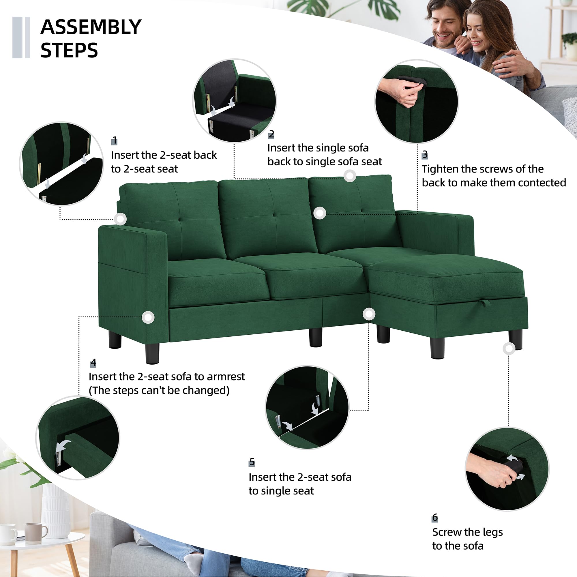 Shintenchi Convertible Sectional Sofa Couch, Modern Linen Fabric L-Shaped, 3-Seat Sofa Sectional with Reversible Chaise for Living Room, Apartment and Small Space (Green)