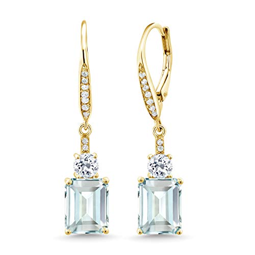 Gem Stone King 18K Yellow Gold Plated Silver Sky Blue Simulated Aquamarine and White Topaz Dangle Earrings For Women (5.26 Cttw, Gemstone Birthstone, Octagon 9X7MM)