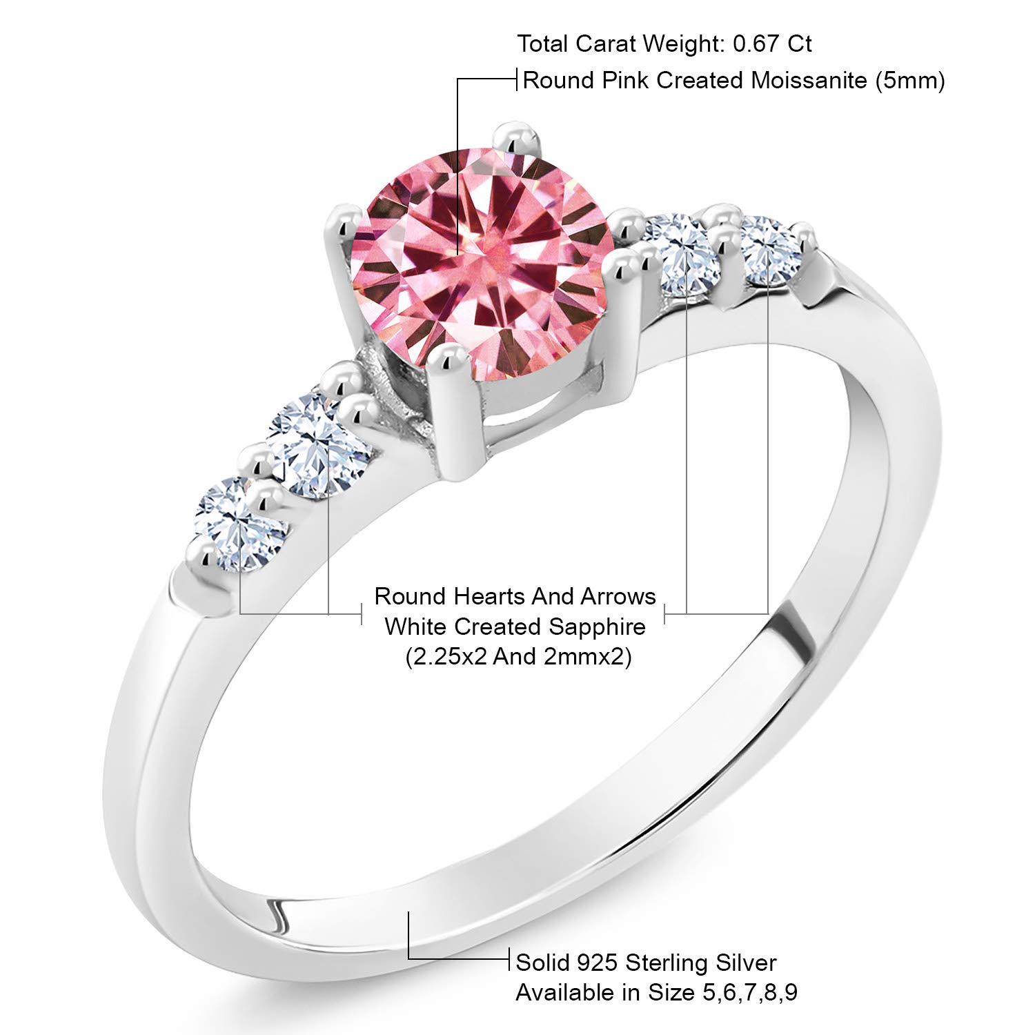 Gem Stone King 925 Sterling Silver Pink Moissanite & Created White Sapphire Engagement Ring | 0.67 Cttw | Wedding Anniversary Promise Ring For Women | Size 5,6,7,8,9