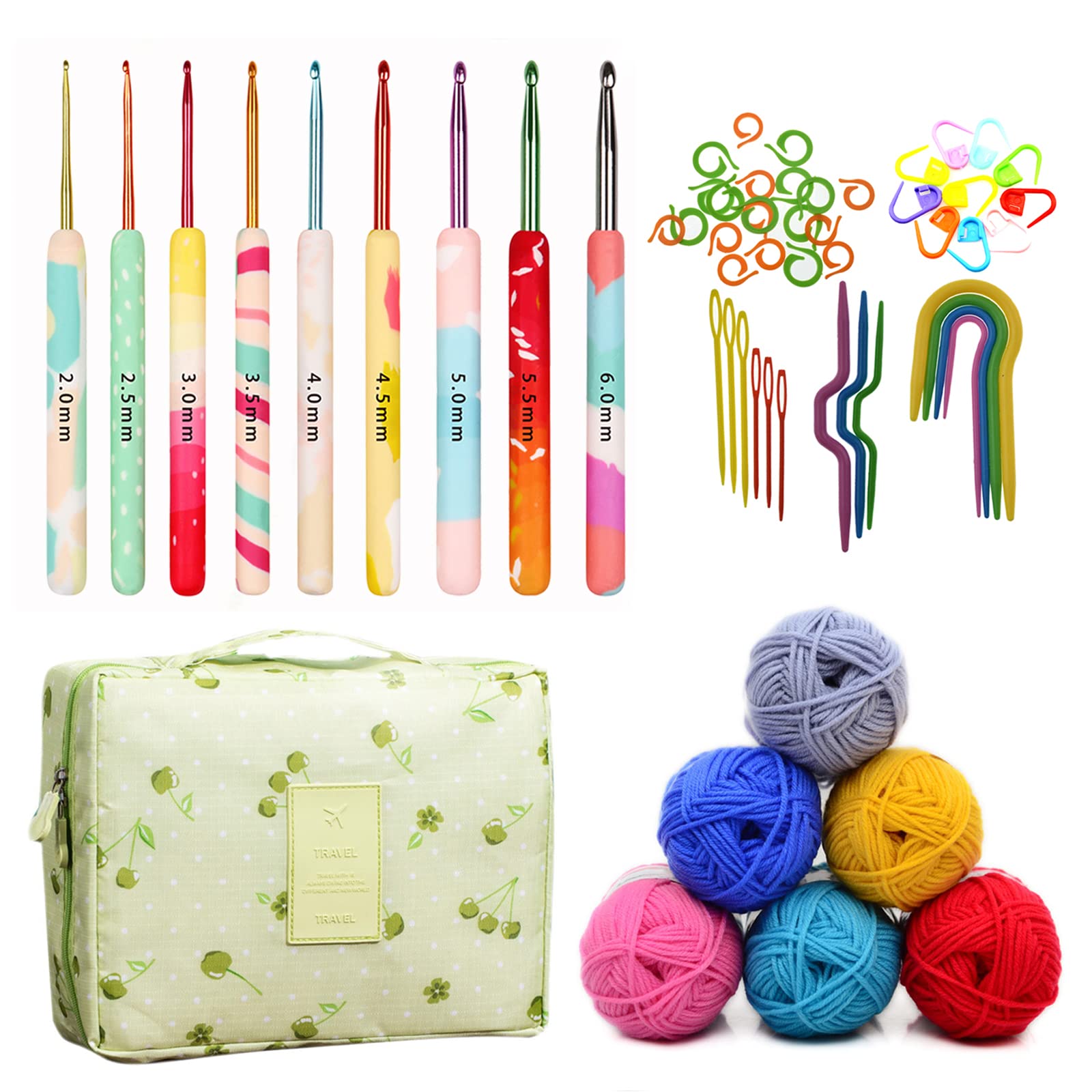 Katech 69 pcs Yarn Crochet Hooks Kit DIY Yarn Weaving Tools Ergonomic Crochet Hook Needles with 6 pcs Random Colors Yarn Balls Skeins for Crochet Lovers (Light Color)