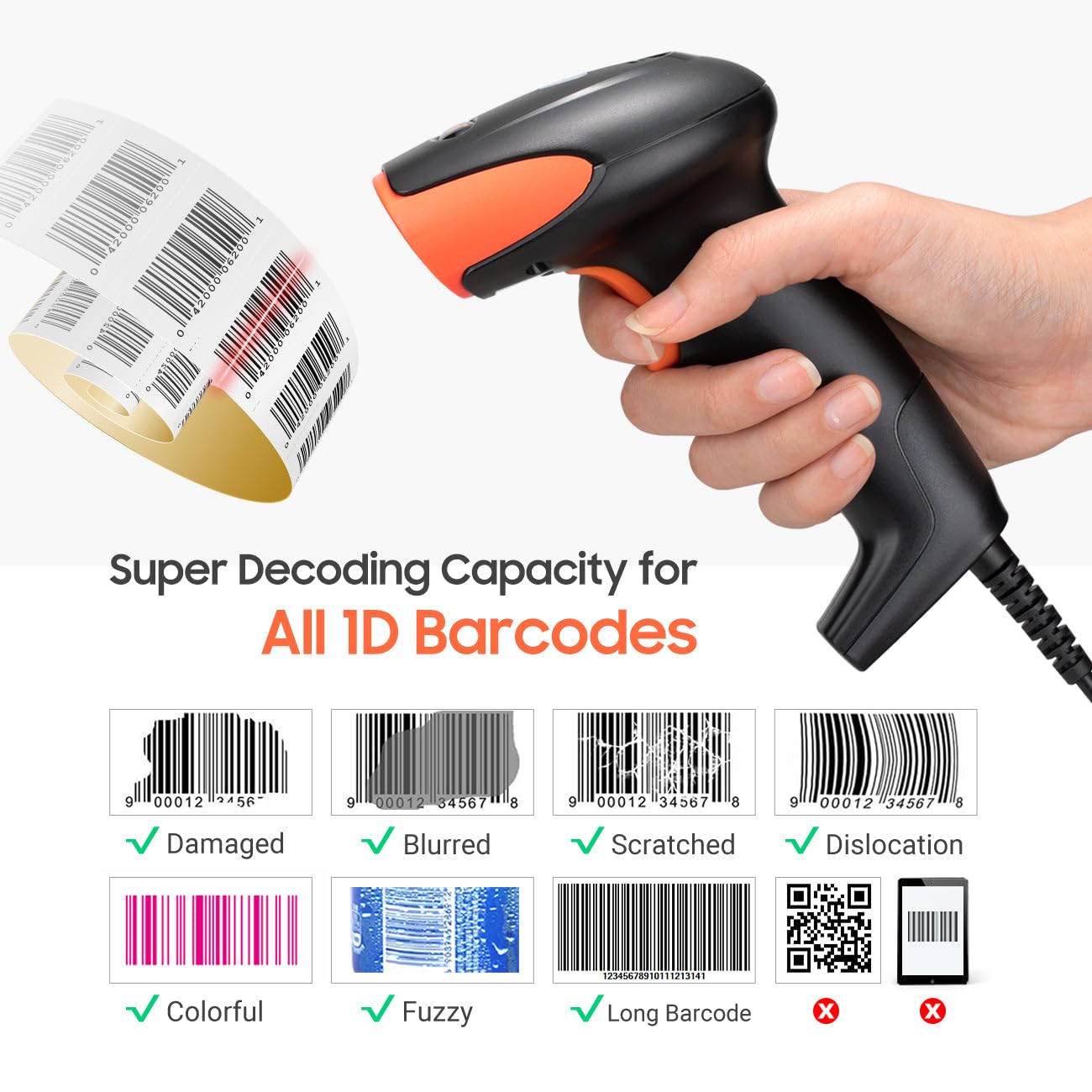 Tera Pro Extreme Performance Laser High Speed Barcode Scanner with Stand Auto Sensing On and Off by Smart Stand USB Wired 1D Handheld Plug and Play Bar Code Reader for Small Business Library 6900