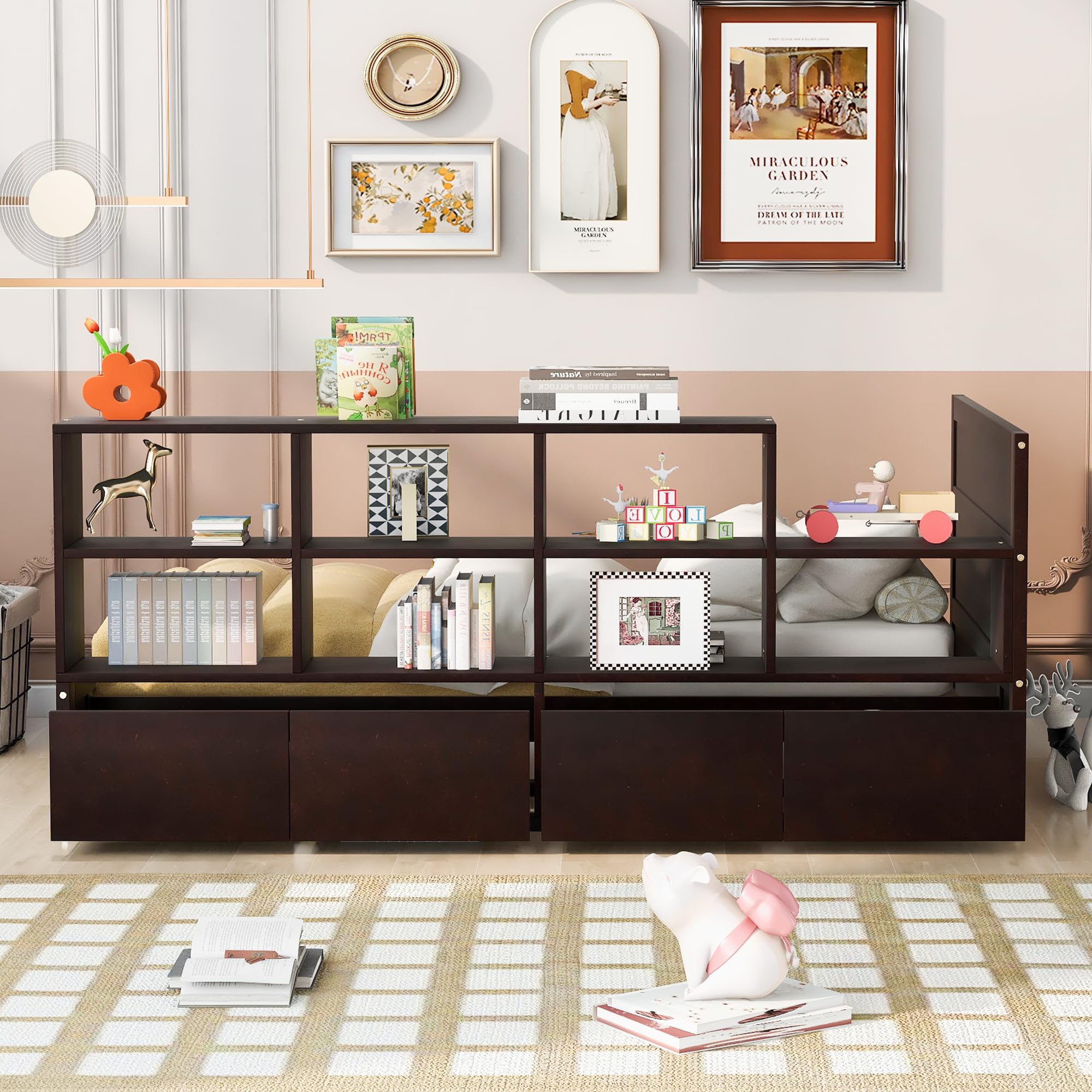 GLORHOME Twin Size Platform Bed with Storage Drawers and Shelves,Wood Bed Frame for Bedroom