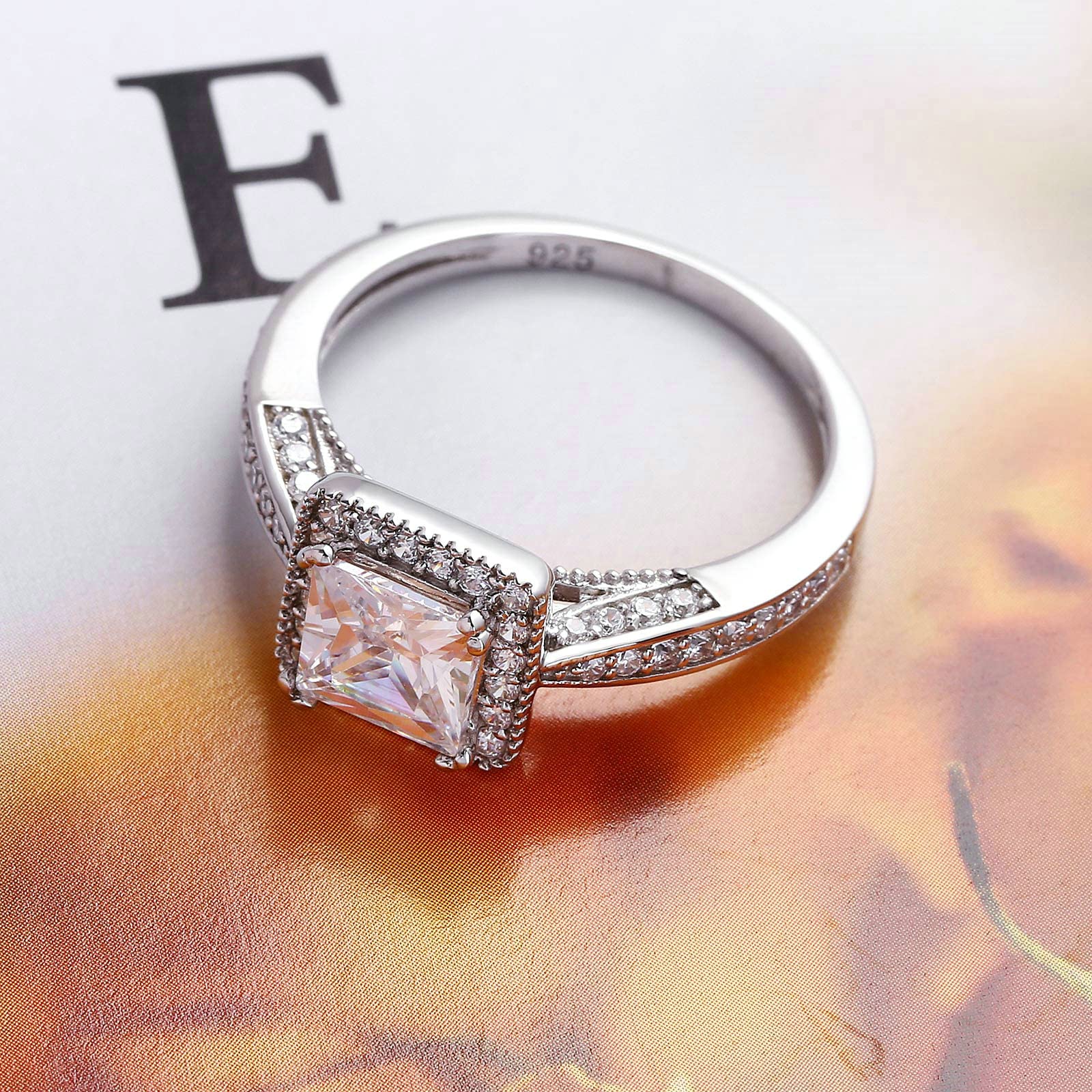 Gualiy 925 Sterling Silver Promise Rings, Wedding Rings Engagement Rings Square Shape Cubic Zirconia Rings Size 5.5