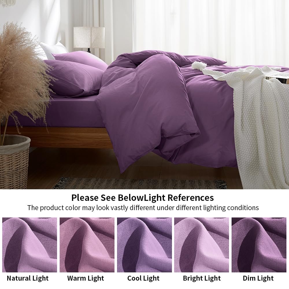TUMEI 100% Linen Duvet Cover Set - Queen Size 3 Pieces Pure Linen Bedding Queen Comforter Cover Set Soft Breathable Durable Comforter Set 1 Duvet Cover and 2 Pillow Covers,Queen Size Basic Lilac