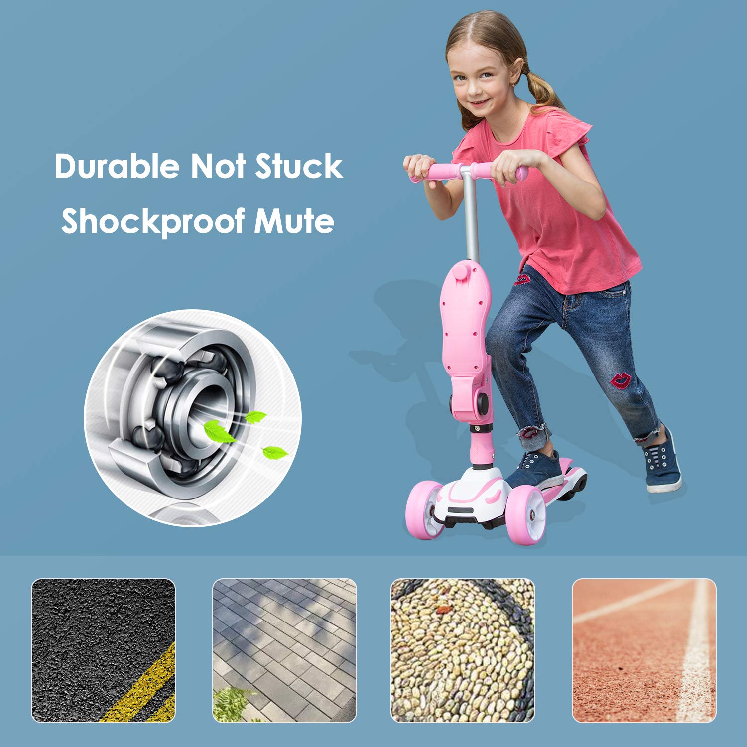 Hikole 3 Wheels Scooter for Kids with Foldable and Removable Seat – Adjustable Height, 3 LED Light Wheels, Kick Scooter for Girls & Boys 3-8 Years Old (Pink)