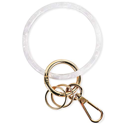 Junyuerly Wristlet Keychain Bracelet for Women Bangle Key Rings Acetate Round Key Chain with Clip (gold-pearl white)