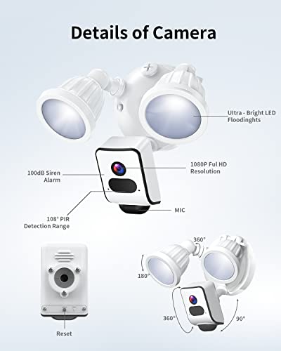 ZJX 2500 Lumens Floodlight Camera Outdoor, Security Cam with Motion-Activated Light, Motion Detection and Siren Alarm, Waterproof(White) (White), Round (FC-01)