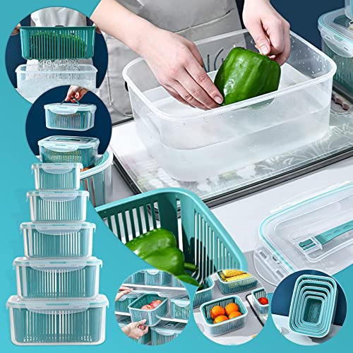 NUVYBE Fruit Vegetable Storage Containers for Fruit Storage Containers for Fridge, Kitchen Vegetables Dehydration with Lids and Filterable Basket, BPA Free, 5 Sizes, Food Grade Safe
